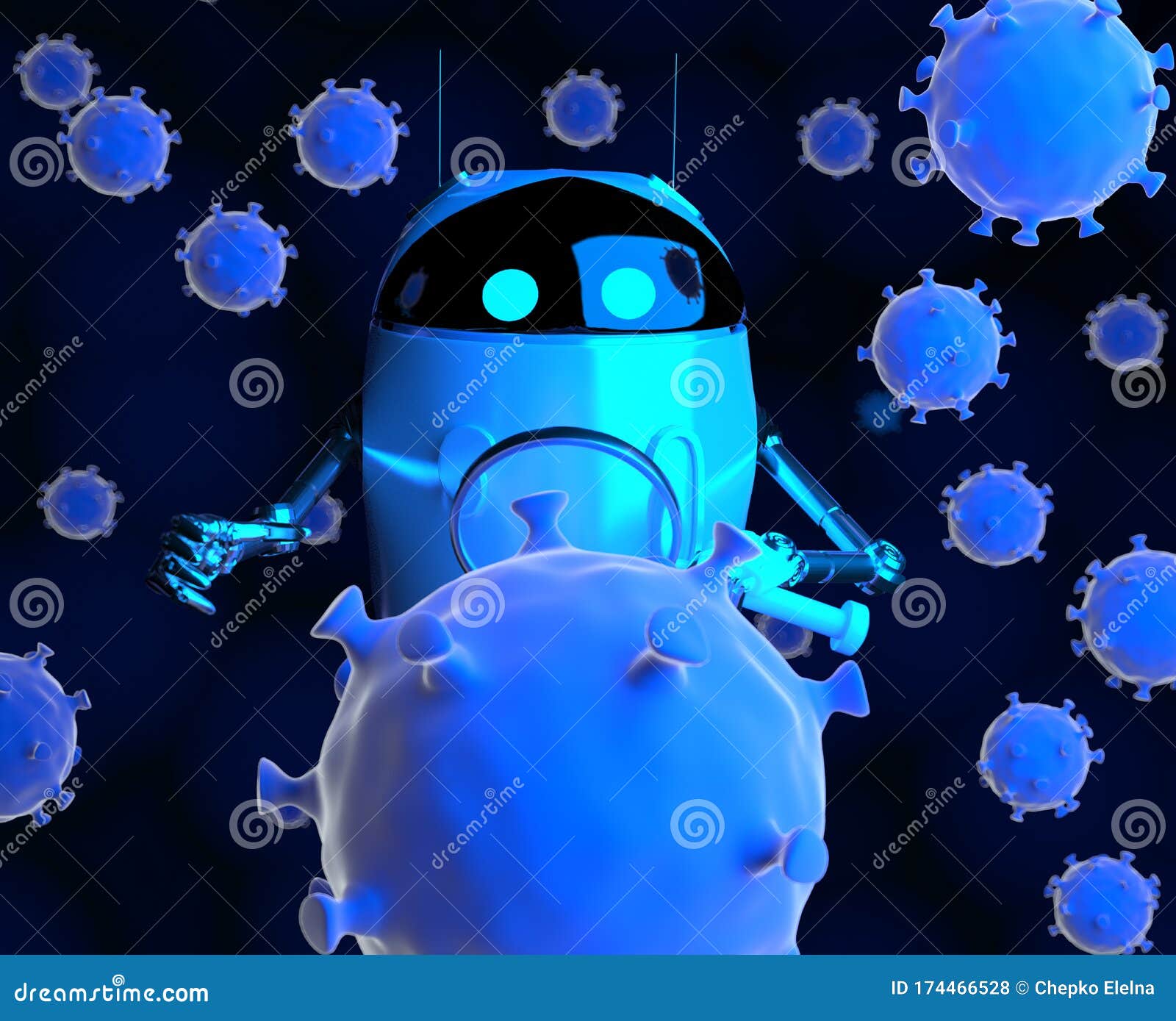Robot Studies a Coronavirus with Magnifier,nano Robot with Bacterium,3d ...