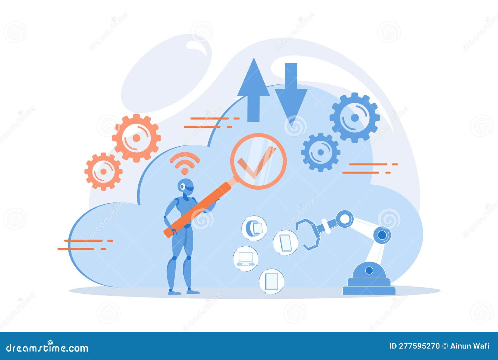 Robot Studying Cloud Technology through Magnifier. Artificial Intelligence, Machine Learning ...