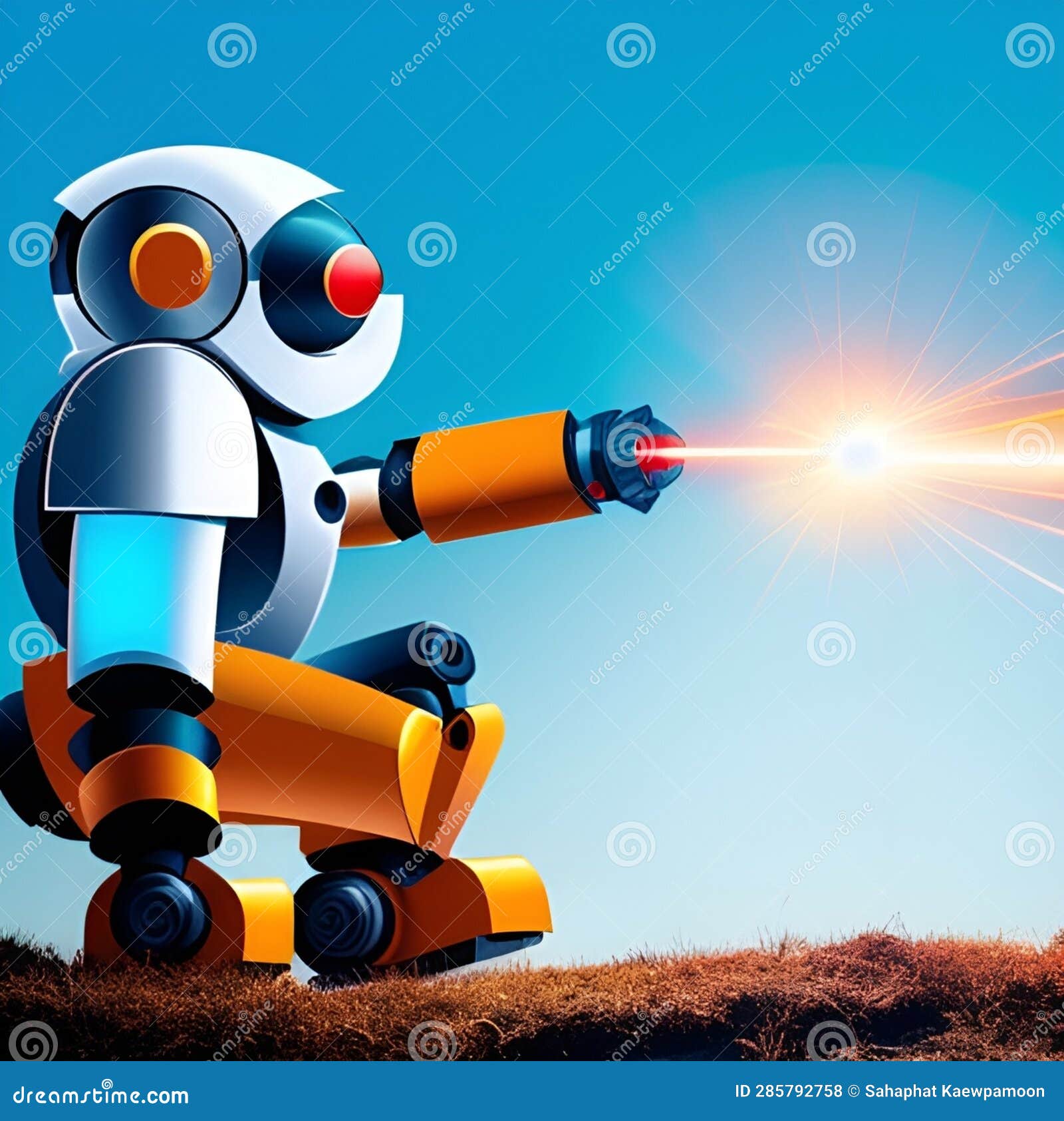 Robot with Sun Flare on Blue Sky Background. 3d Rendering Stock ...