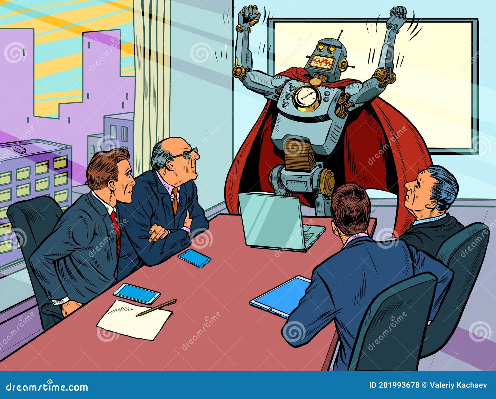 Robot Superhero at a Business Meeting. the Concept of Evolution and ...