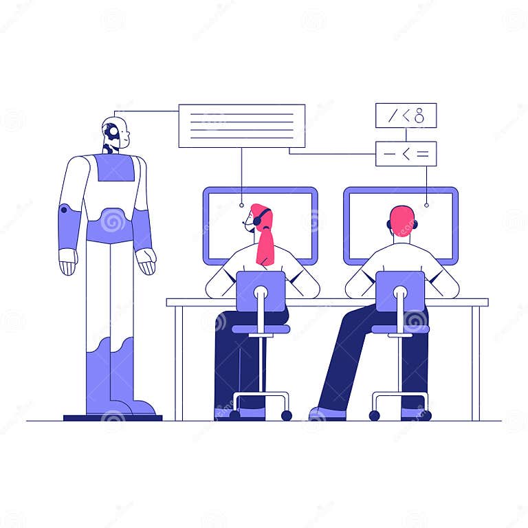 Robot Supervising Programmers Working on Computers in Flat Vector Illustration Symbolizing ...