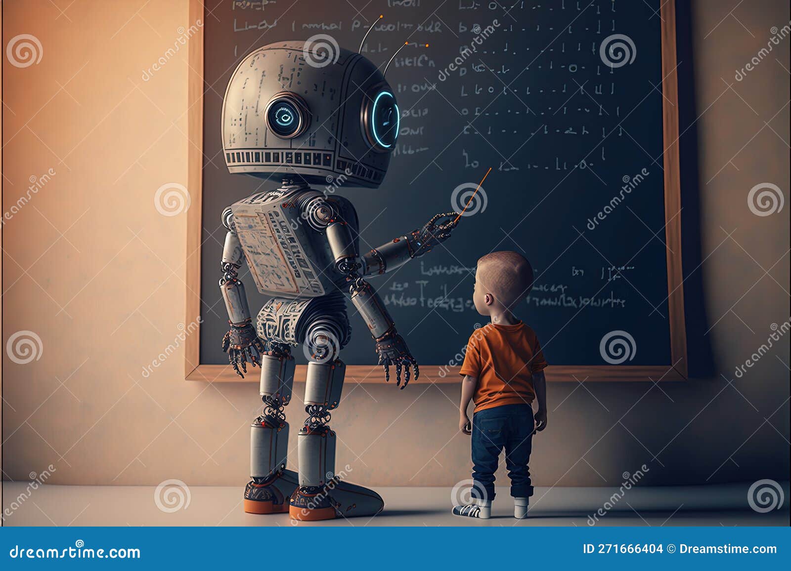 Robot Teacher is Explaining Math To a Child on the Board, Generative AI ...