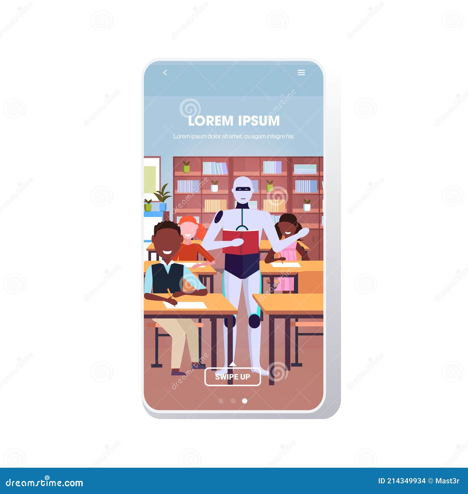 Robot Teacher with Pupils at Lesson Artificial Intelligence Technology ...