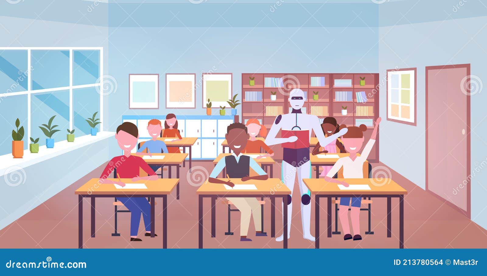 Robot Teacher with Pupils at Lesson Artificial Intelligence Technology ...