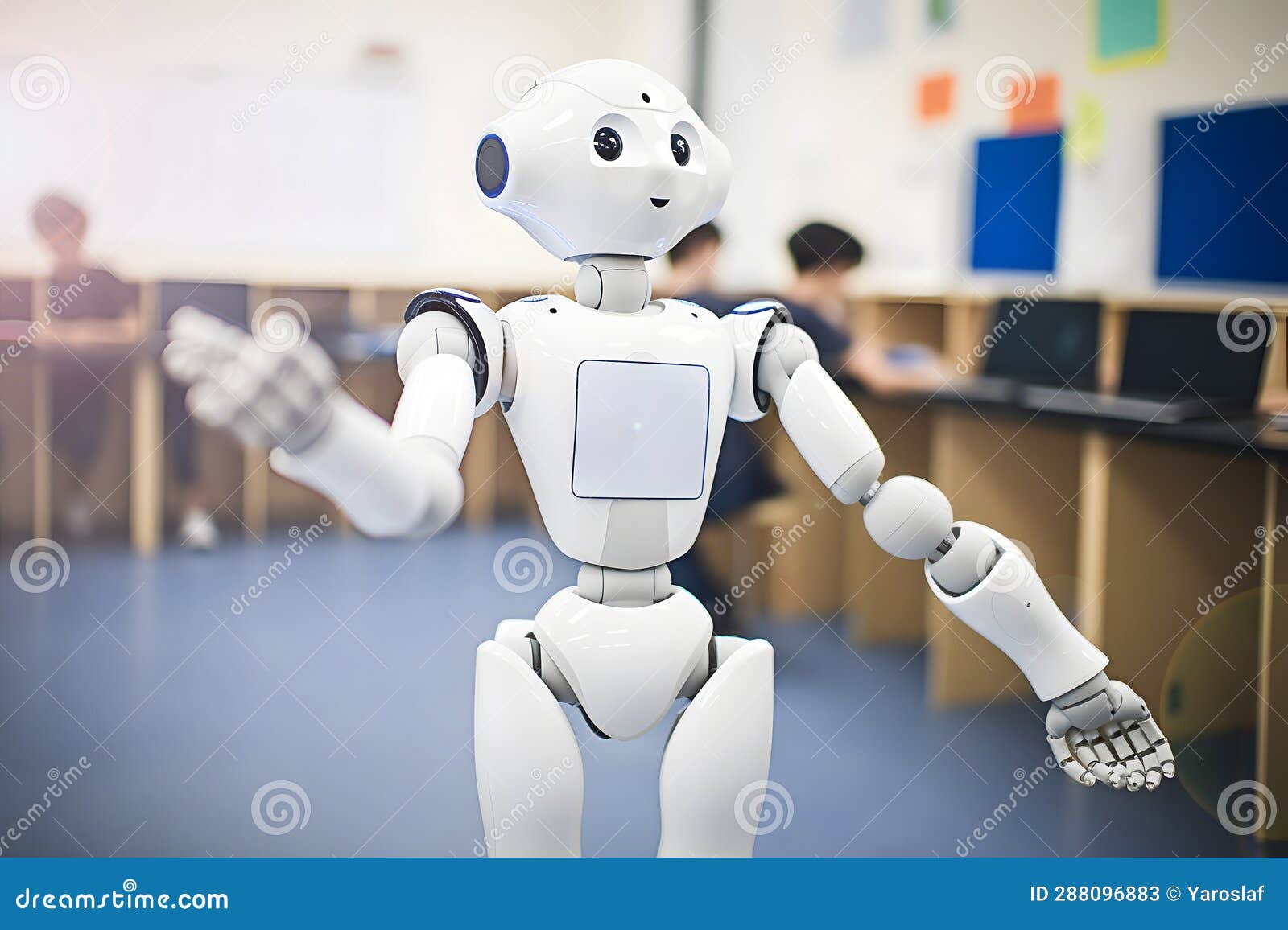 The Robot Teacher Standing in the Center of the Class Explains the ...
