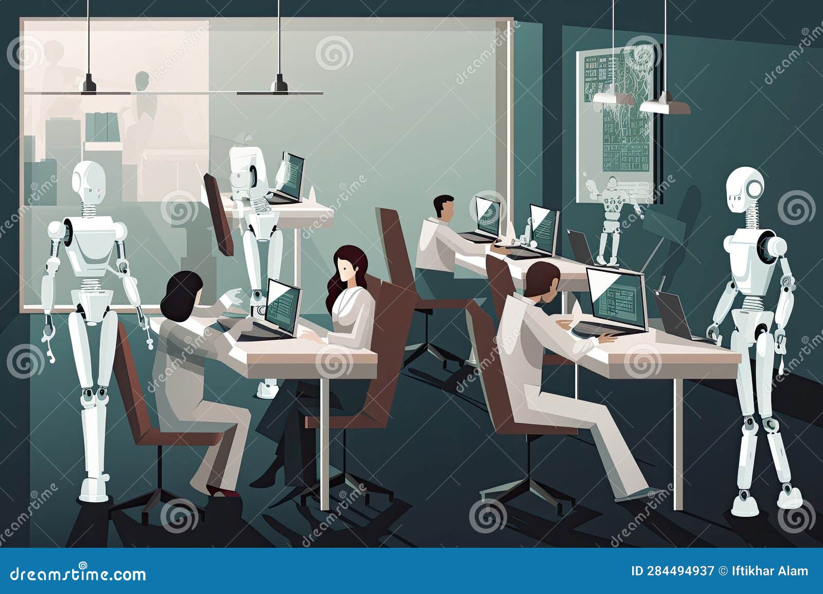 Robot Team Working in the Office. Artificial Intelligence Concept ... Robot Team Working in the Office. Artificial Intelligence Concept ...