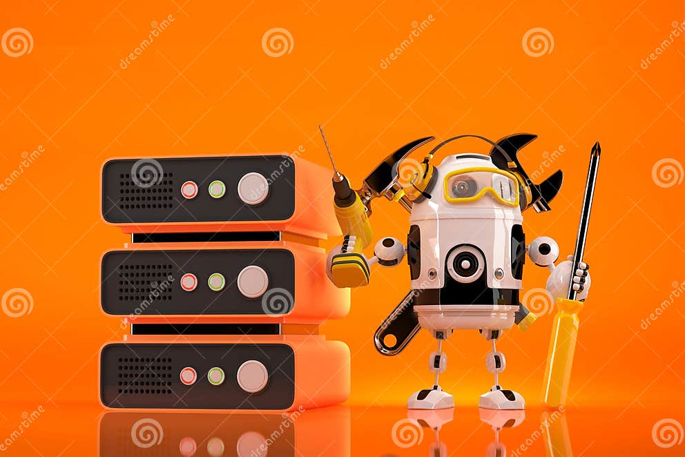 Robot Technician Doing Maintenance on Server. Contains Clipping Path ...