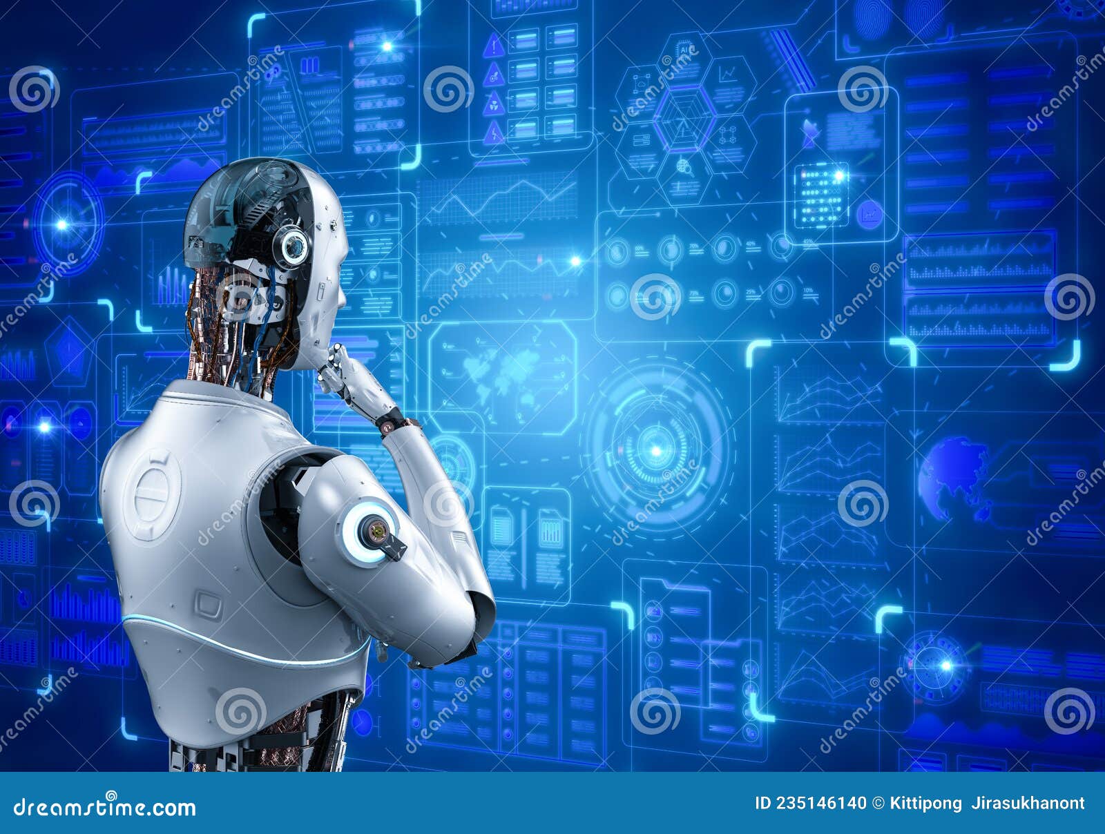 Robot Thinking or Analyzing with Graphic Display Stock Illustration ...