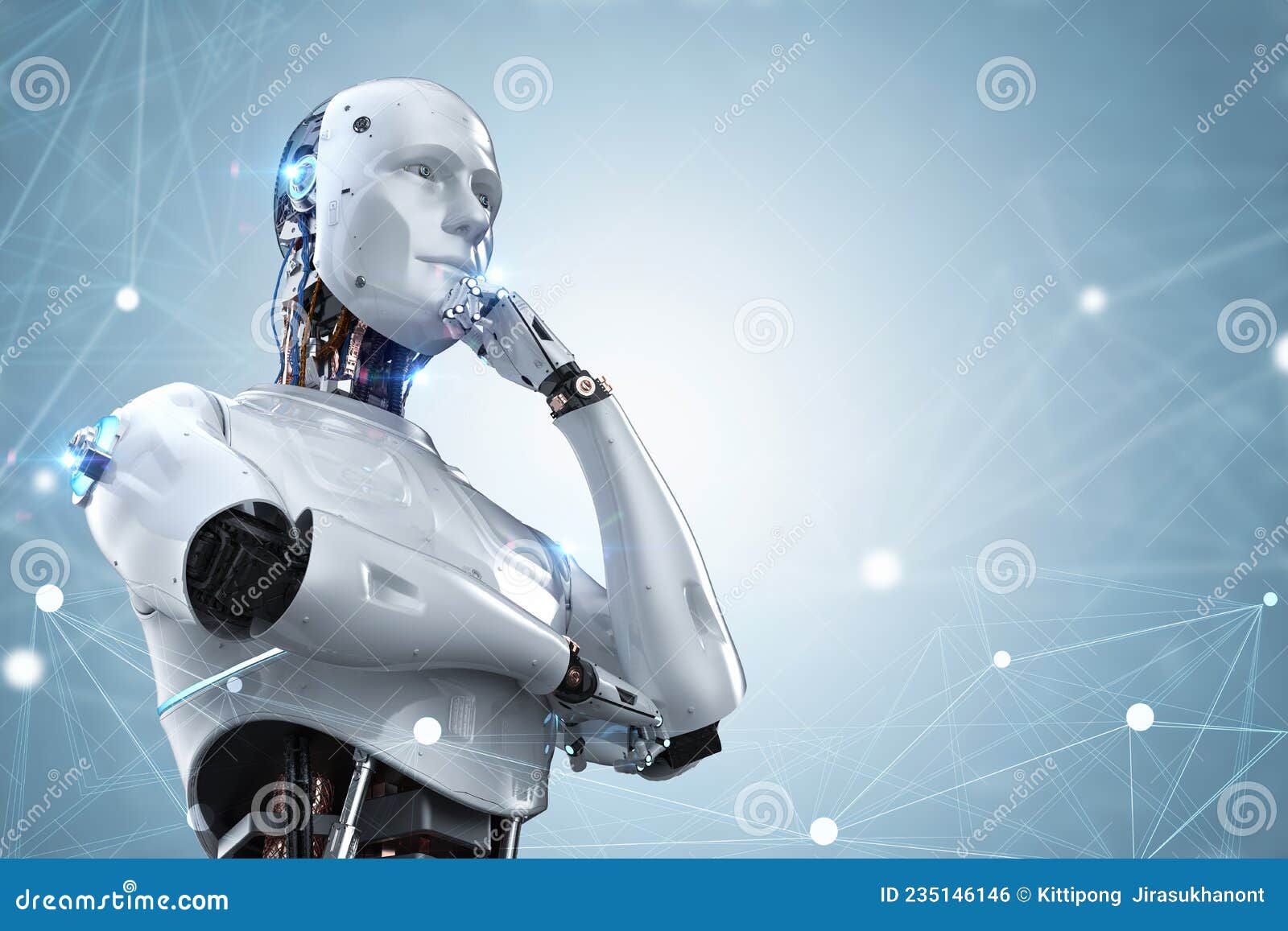 Robot Thinking or Analyzing with Graphic Display Stock Illustration ...