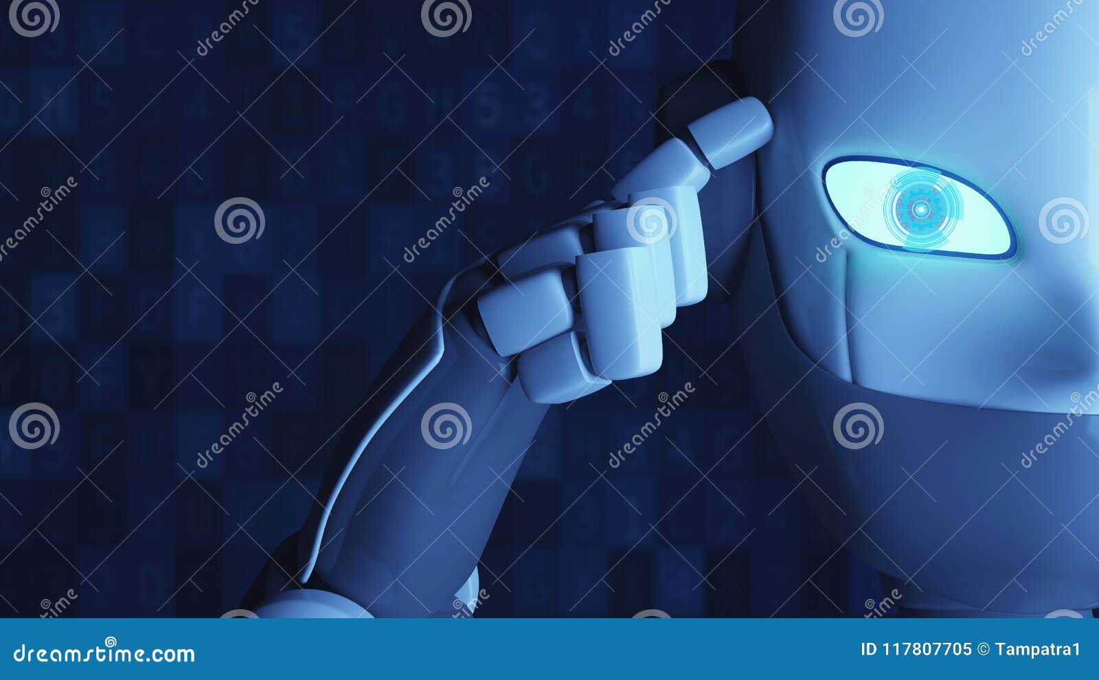 Robot Thinking Isolated on Blue. Finger Touching the Head Stock ...