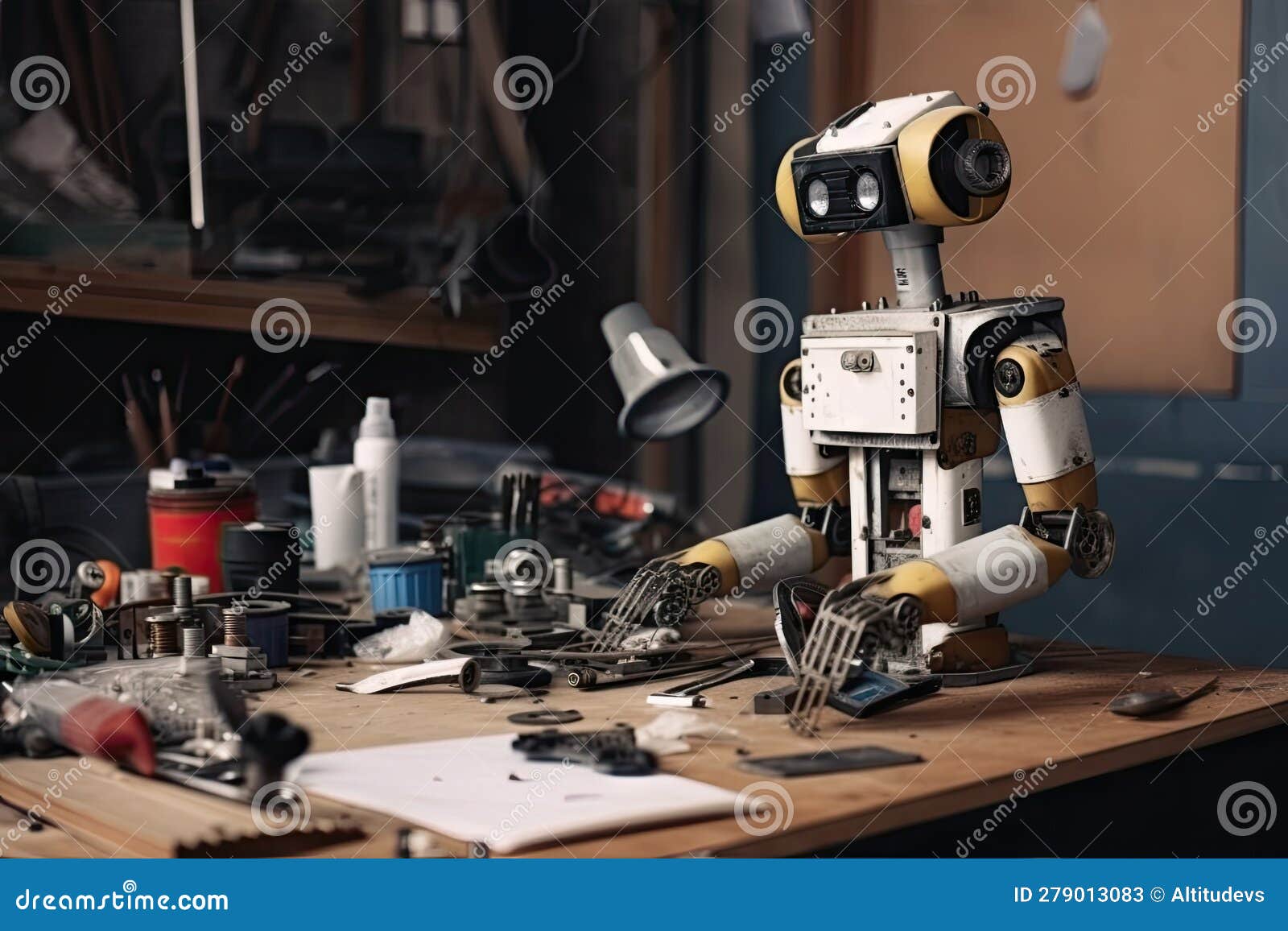 Robot with Tools and Parts for Repair, on Workbench in Workshop Stock ...