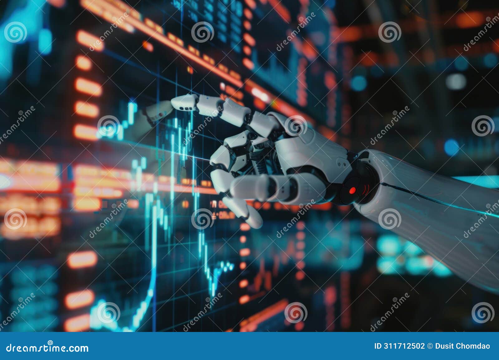A Robot is Touching a Computer Screen with a Green Background Stock ...