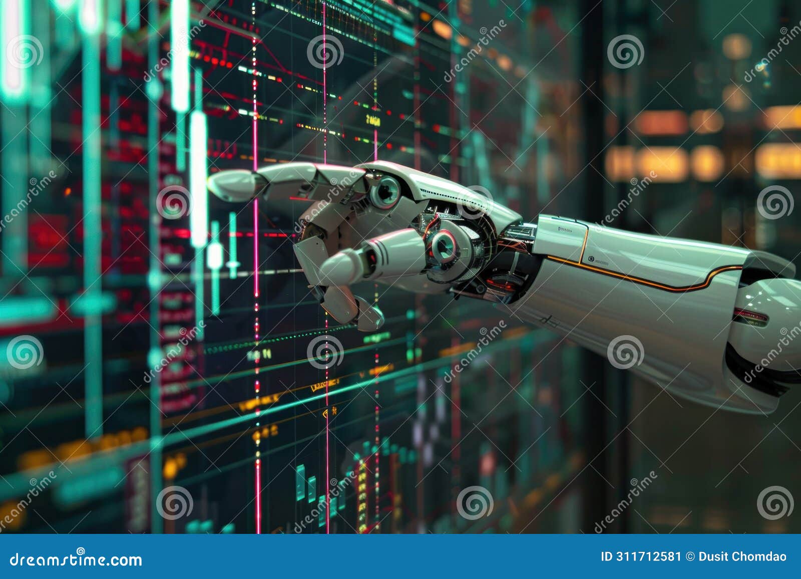 A Robot is Touching a Computer Screen with a Green Background Stock ...