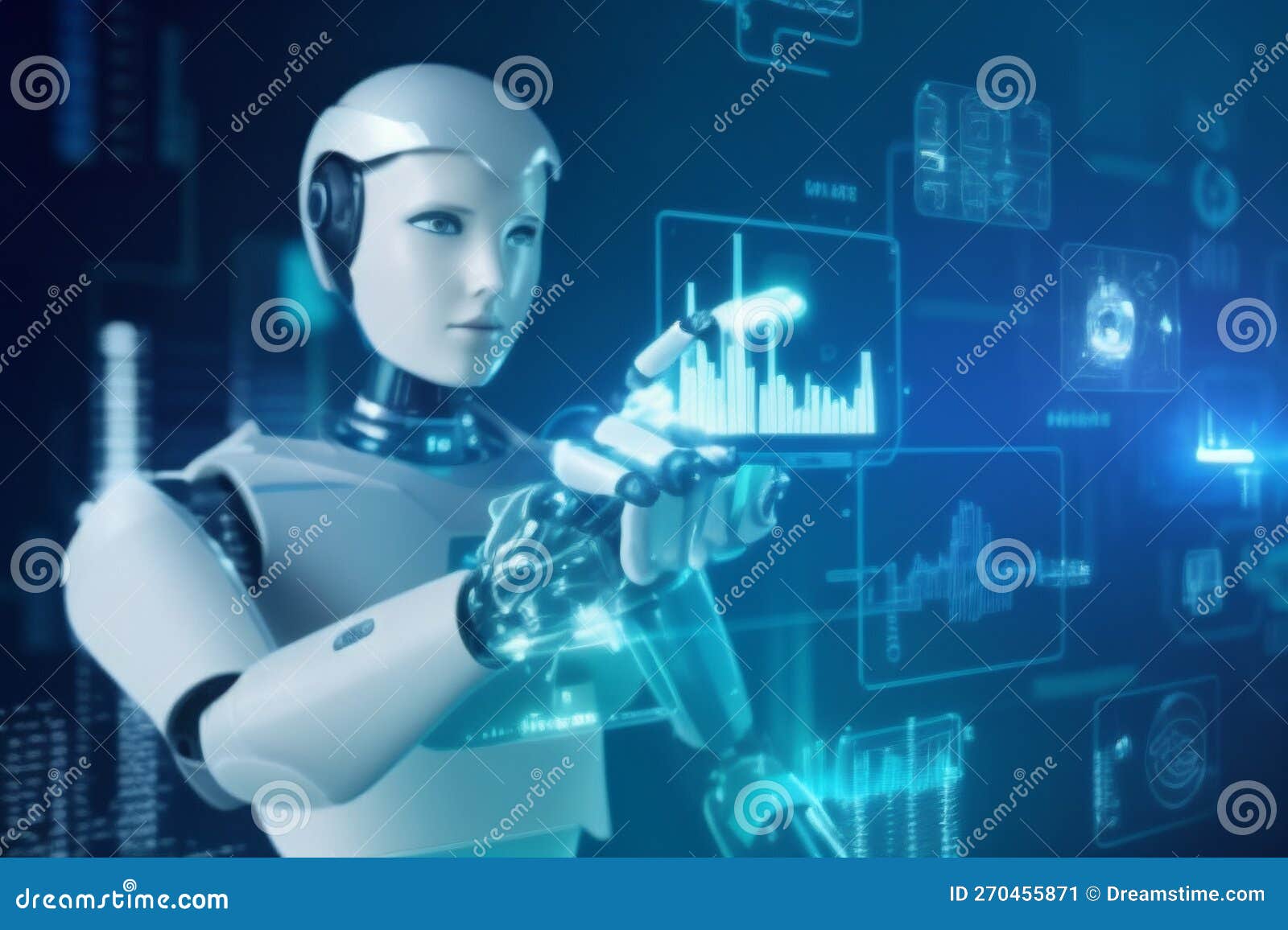 A Robot Touching a Screen with a Futuristic Interface in the Background ...