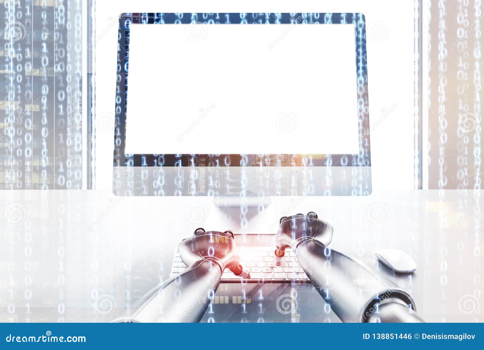 Robot Typing on Computer, Mock Up Screen, Code Stock Illustration ...