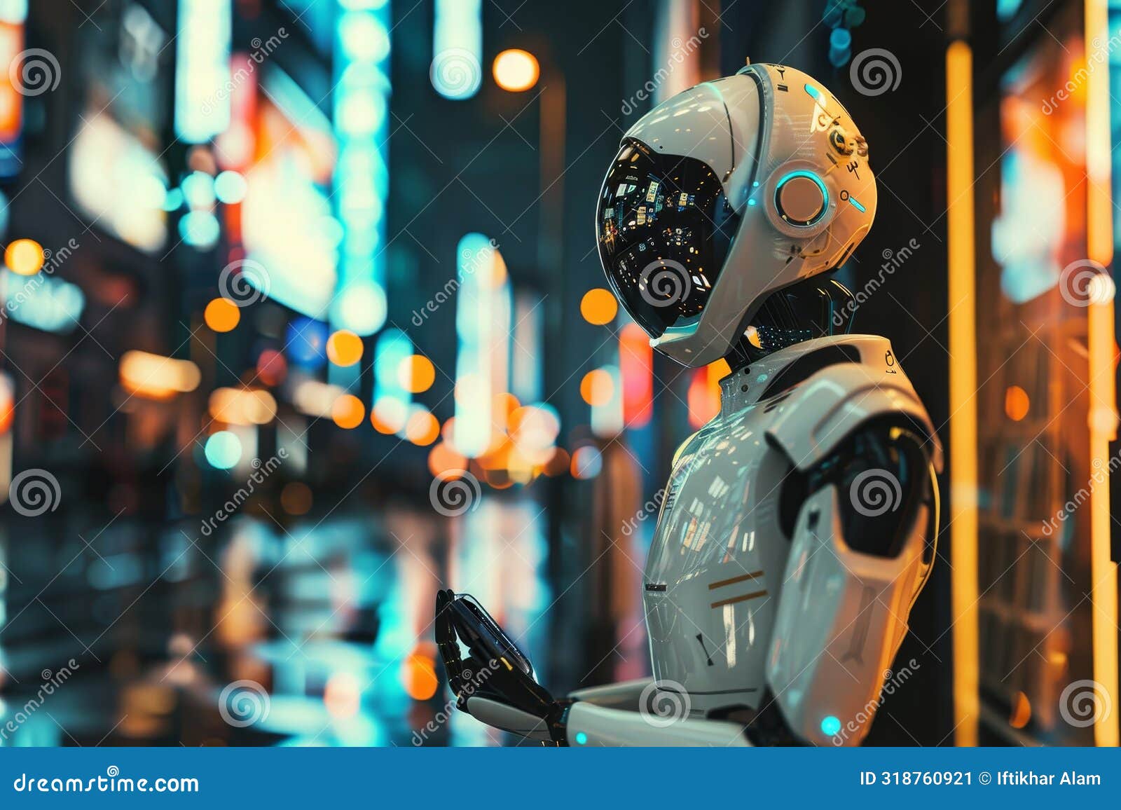 A Robot is Upright in a City Environment during the Nighttime, an ...