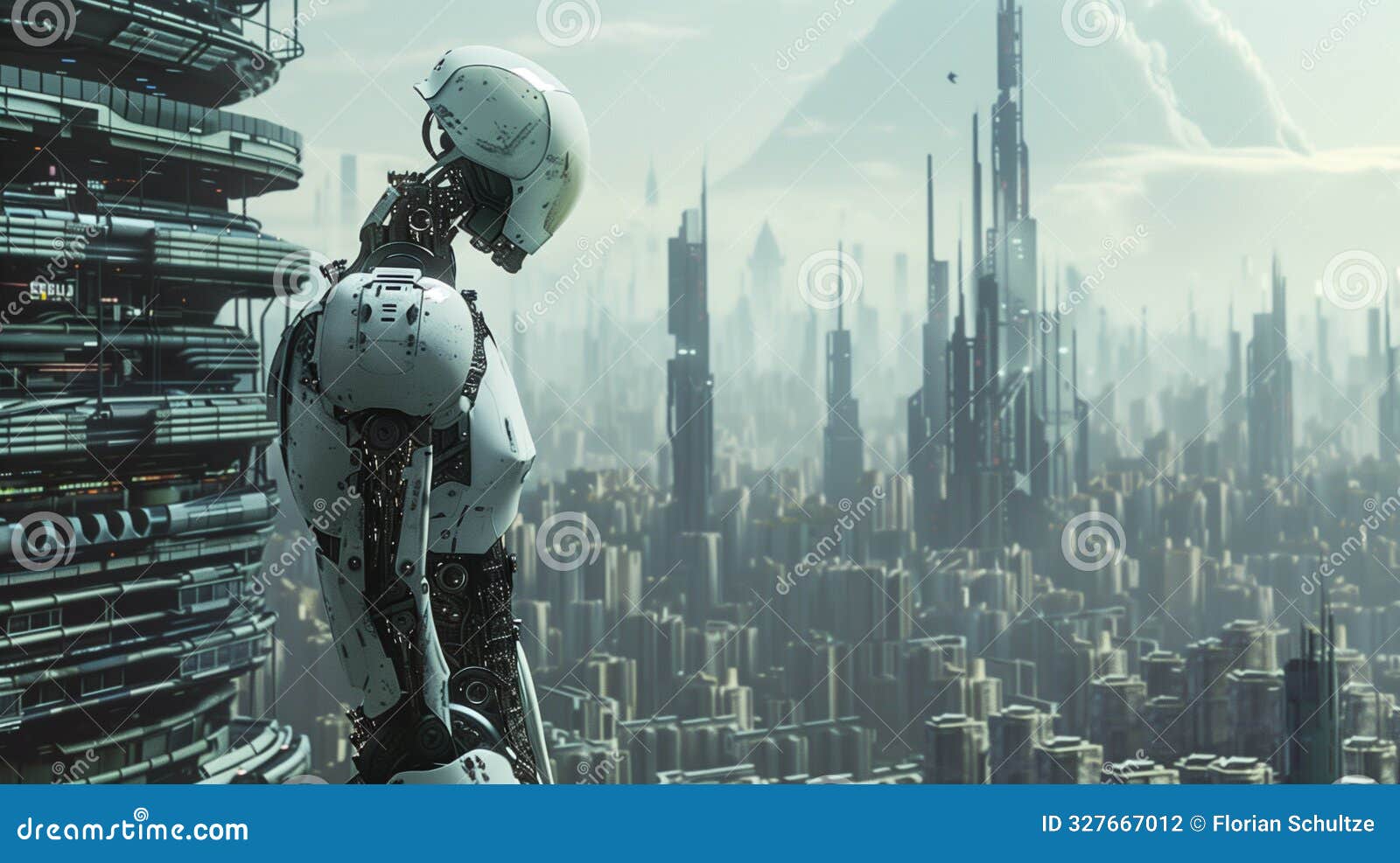 Futuristic Metropolis With Robotic Airport Terminals And Neon Lit ...