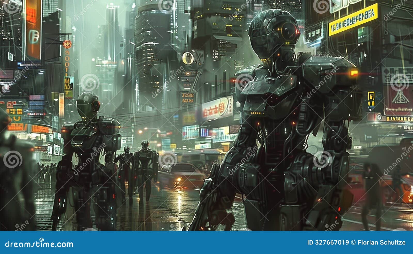 Robot Uprising in a Futuristic Metropolis Stock Illustration ...