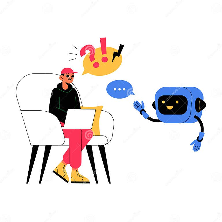 Robot and User Interacting in Flat Vector Illustration Symbolizing ...