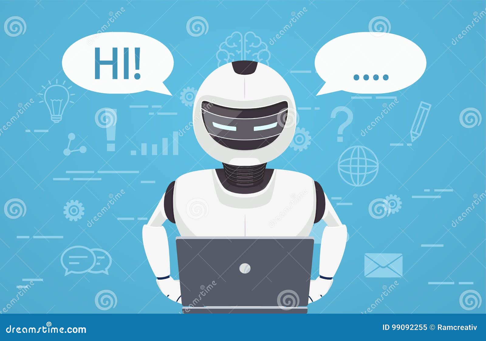 Robot Uses Laptop Computer. Concept of Chat Bot, a Virtual Online ...