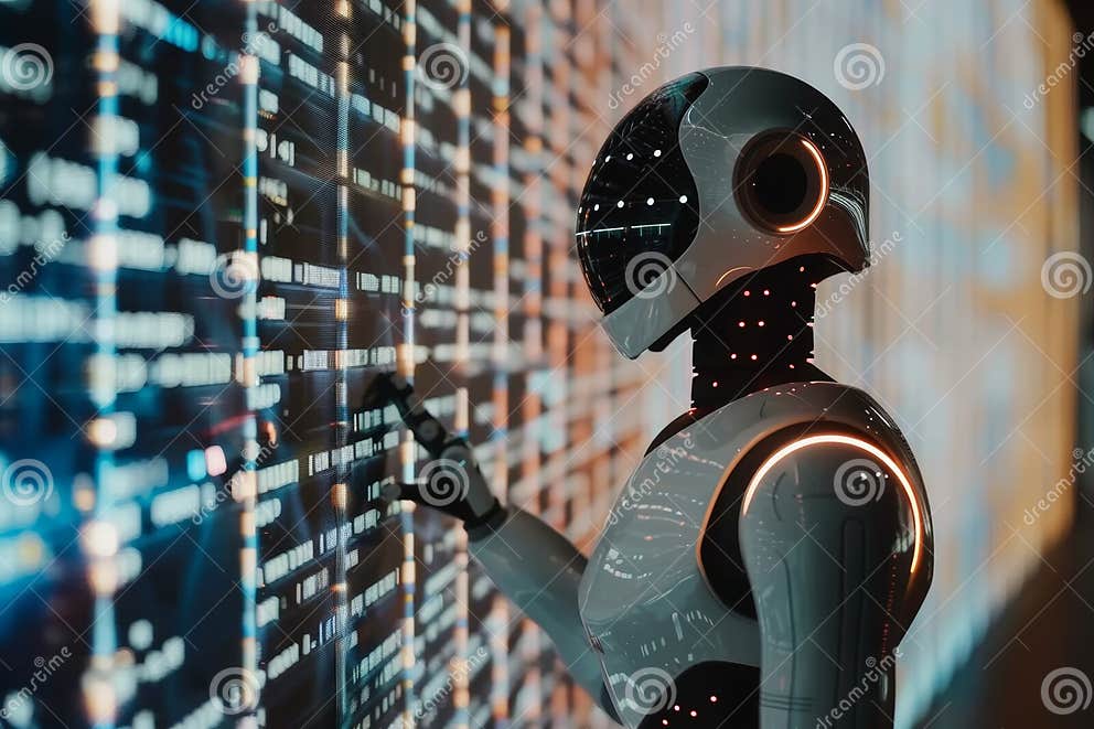 Robot Using AI Algorithms To Analyze Data on a Digital Screen Stock ...