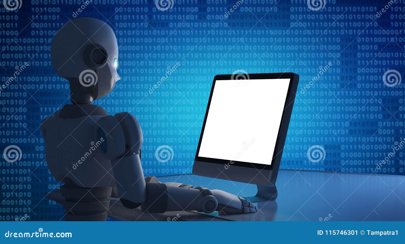 Robot Using a Computer with Blank Screen, Mock Up. Artificial Stock ...