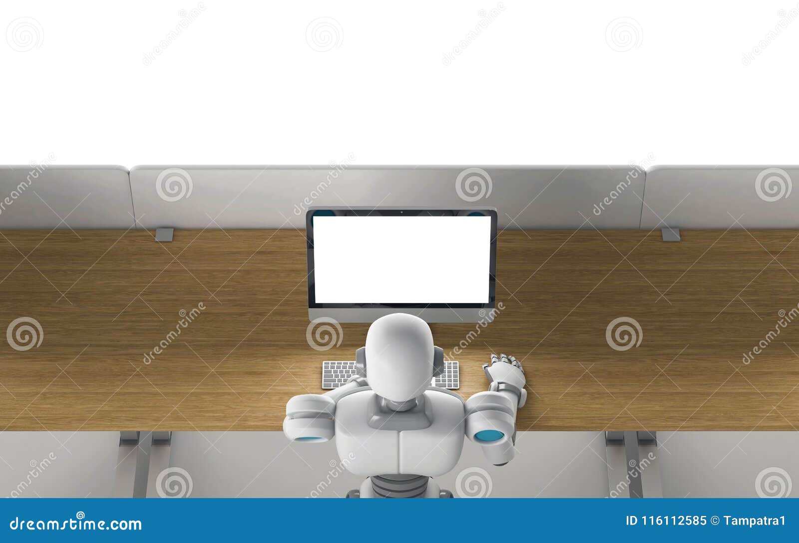 Robot Using a Computer with Blank Screen, Mock Up, Top View. Stock ...