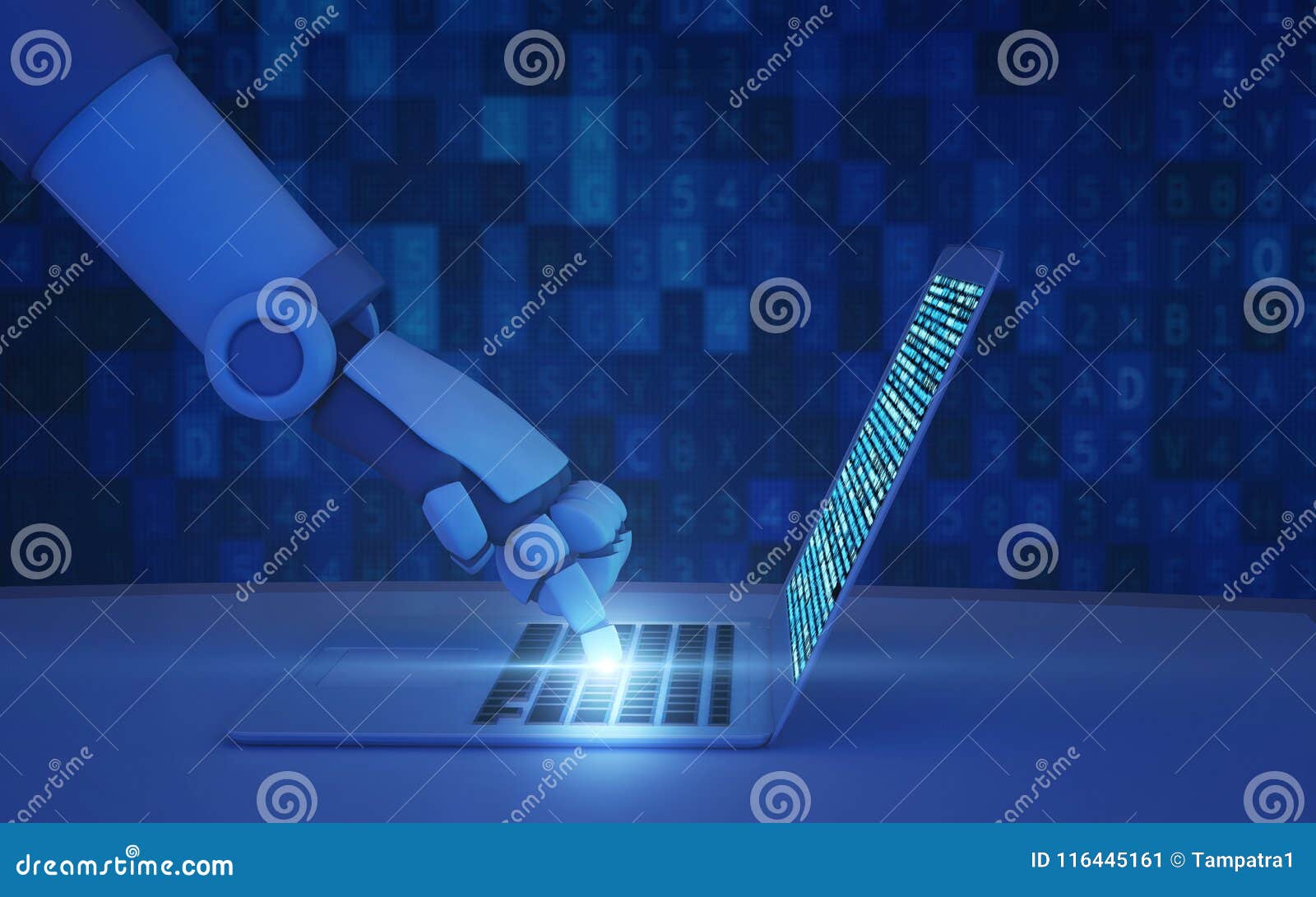 Robot Using a Computer with Data Code. Hand of Artificial Stock ...