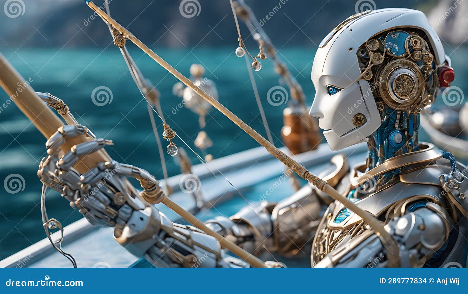 The Robot is Using a Fishing Rod from the Boat Stock Illustration ...