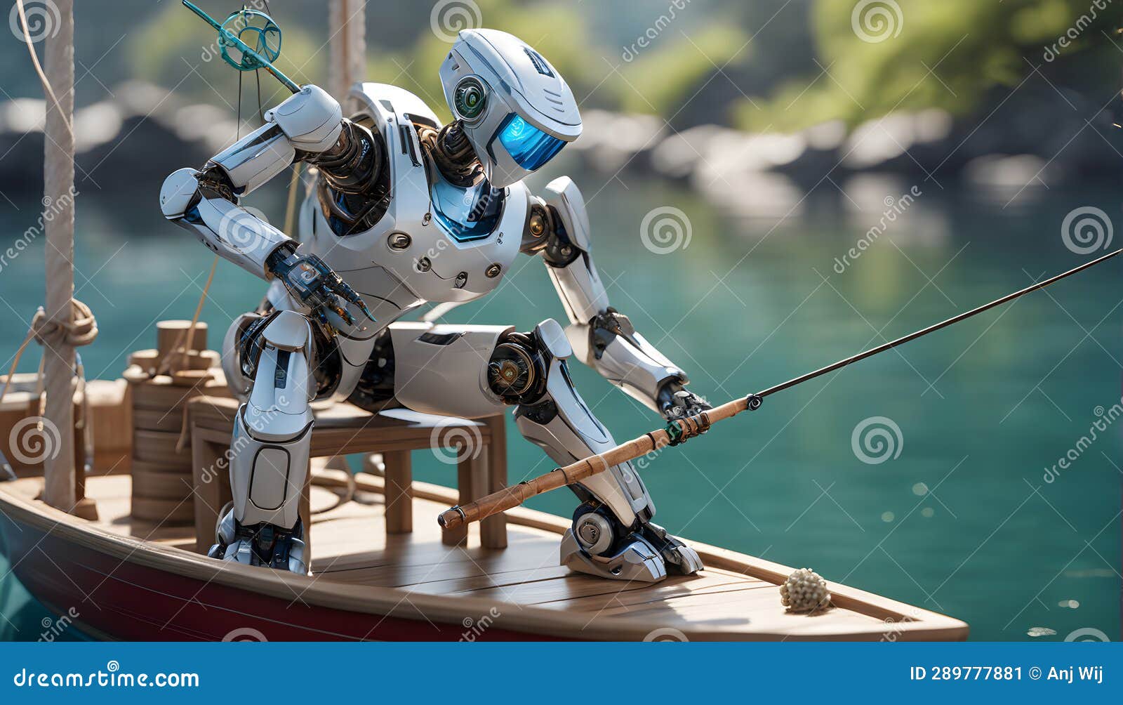 The Robot is Using a Fishing Rod from the Boat Stock Illustration ...