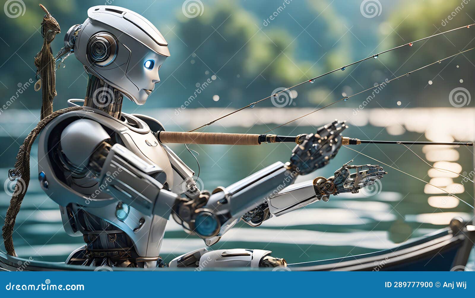 The Robot is Using a Fishing Rod from the Boat Stock Illustration ...