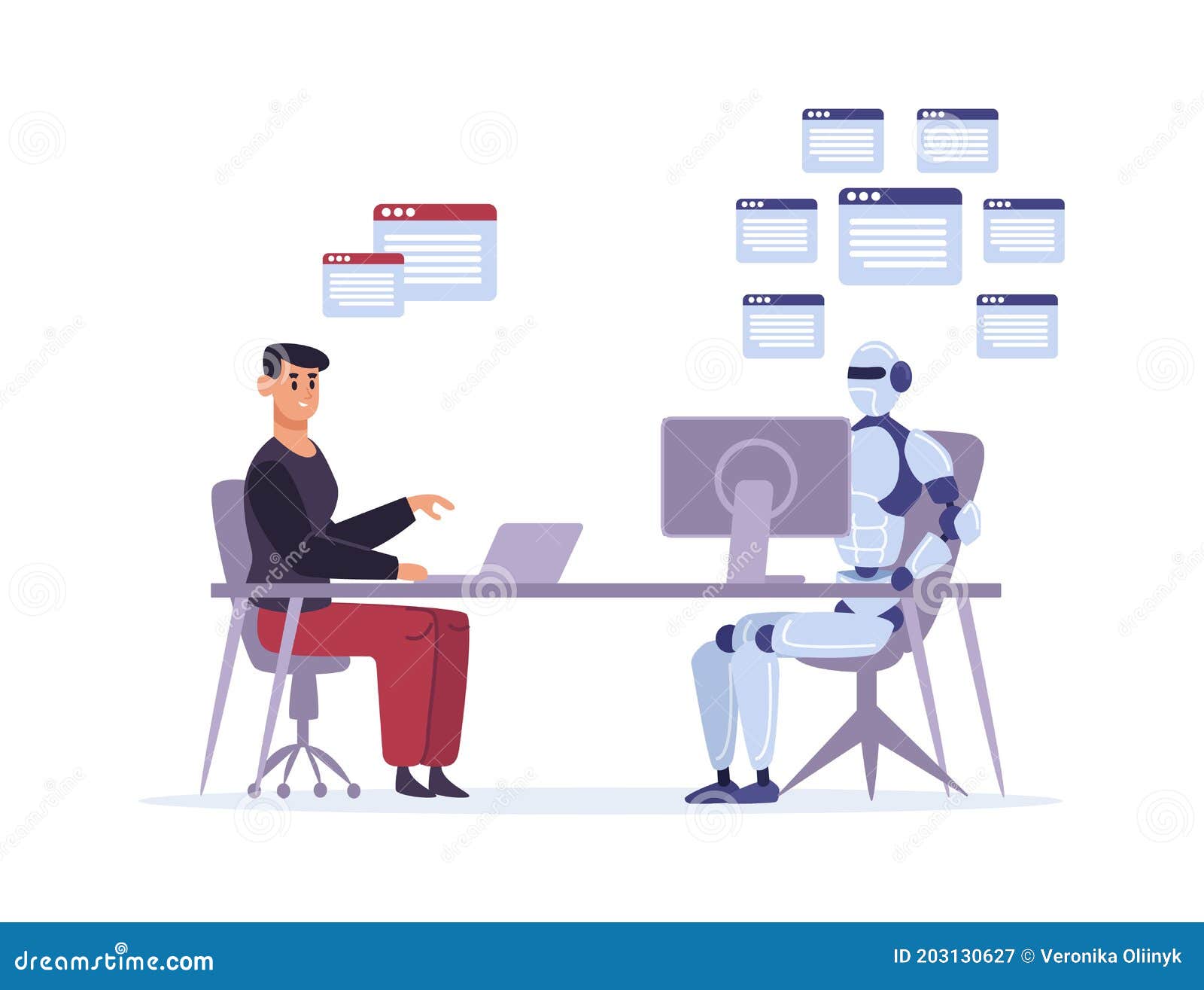 Robot Versus Human Flat Vector Illustration Set. Man Competing With ...