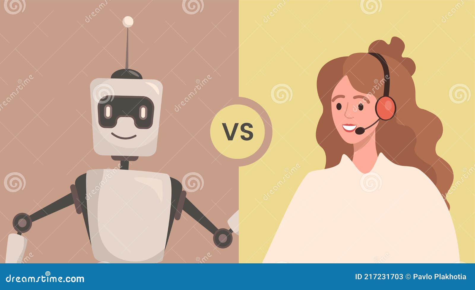 Robot Versus Human Flat Vector Illustration Set. Man Competing With ...