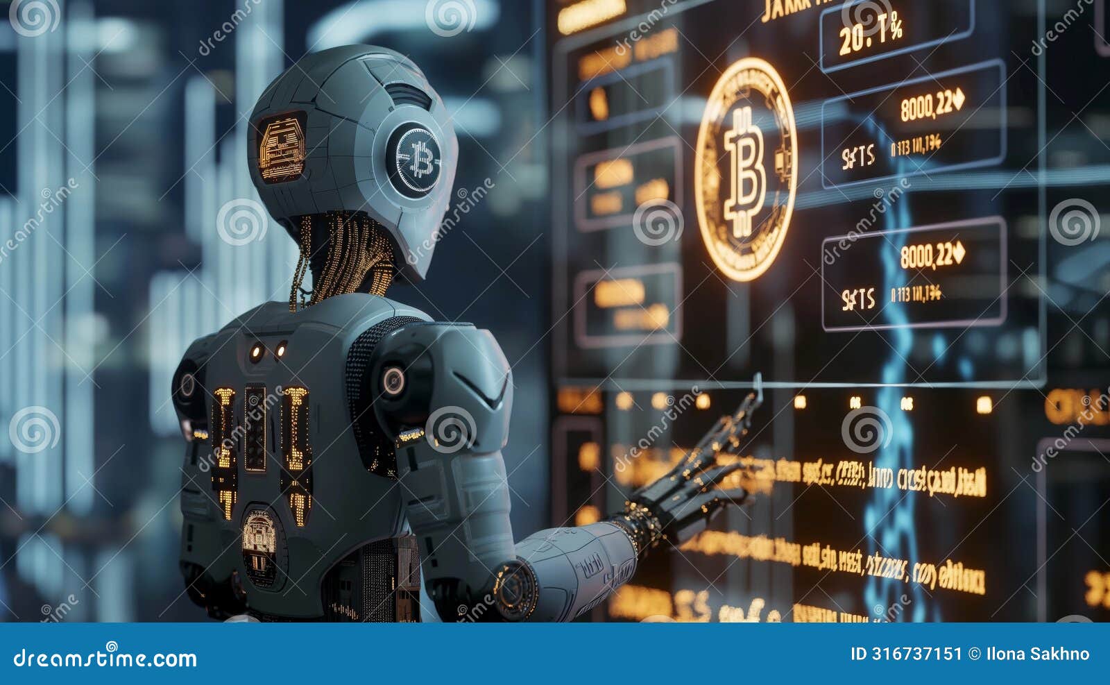 Robot Views Bitcoin Symbol on Screen in CG Artwork Stock Illustration ...