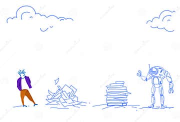 Robot Vs Human Modern Robotic Machine Man Working Paper Document Stack ...