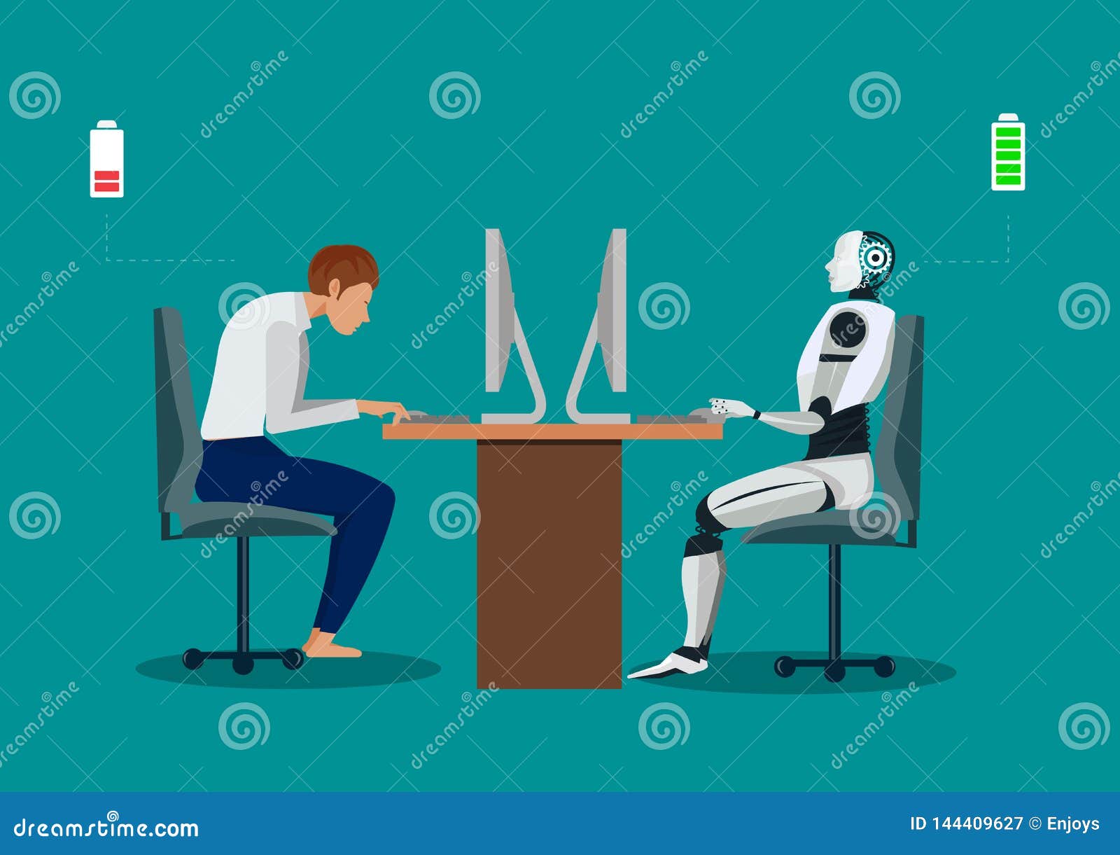 Robot Vs Man. Human Humanoid Robot Work with Laptops at Desk Stock ...
