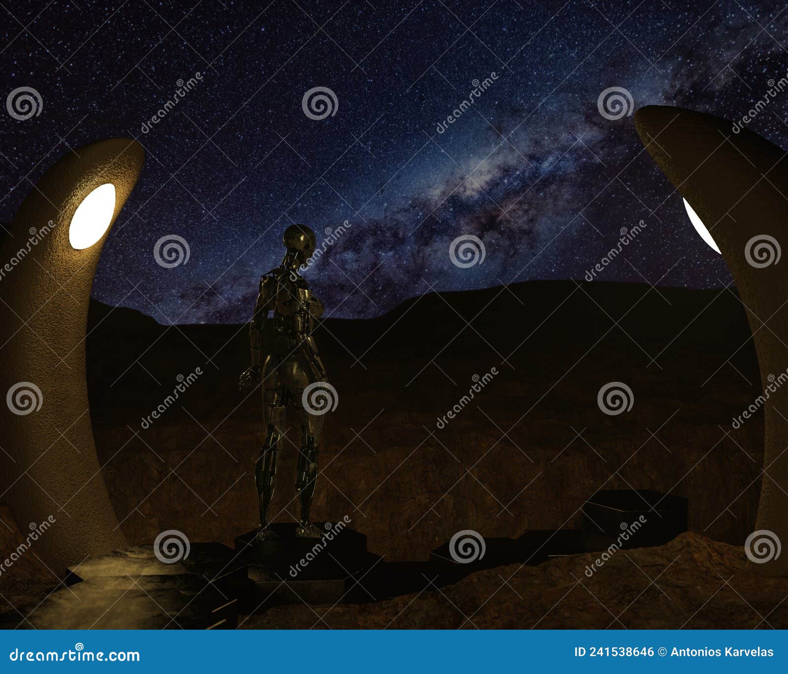 Robot Walking on an Alien Planet. Future Technology Concept, Artificial ...