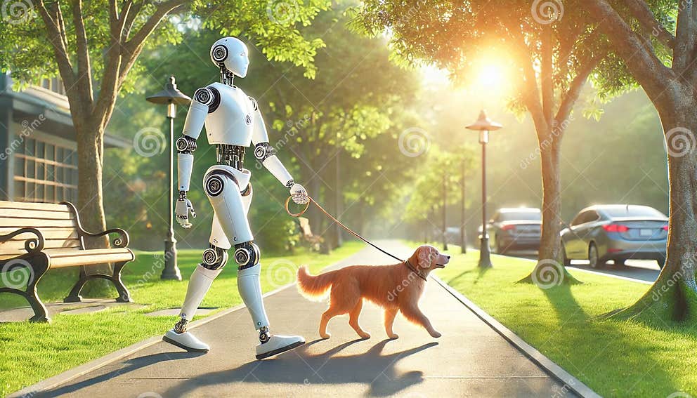 Robot Walking a Dog in a Park on a Sunny Day Stock Illustration ... Robot Walking a Dog in a Park on a Sunny Day Stock Illustration ...