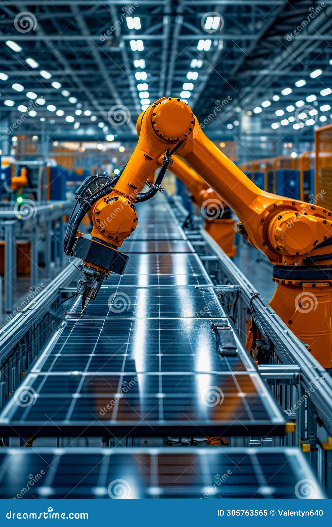 Robot is Walking Down Long Assembly Line in Factory with Another Robot ...