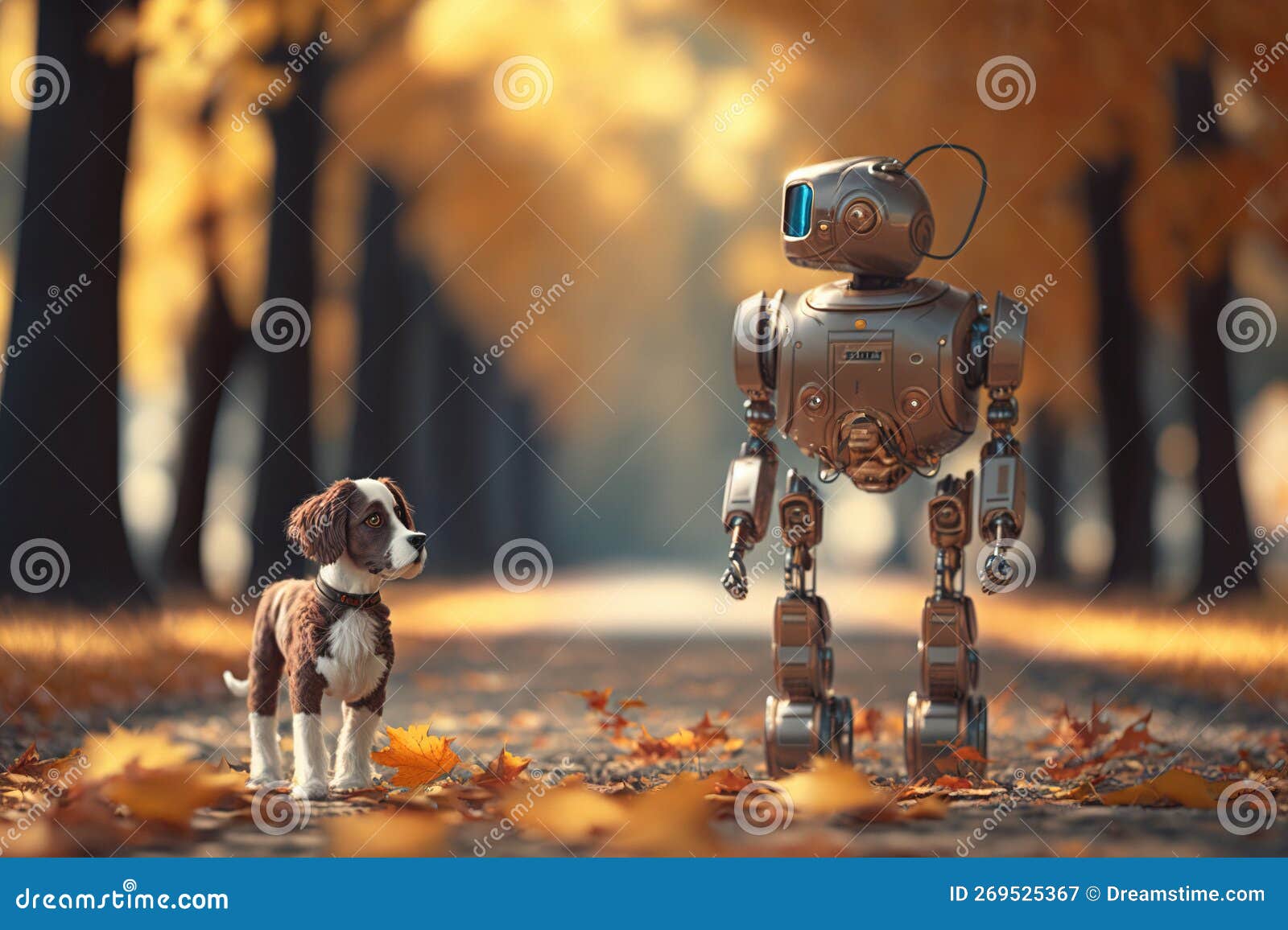 The Robot Walks with a Dog in the Autumn Park. Ai Generative Stock ...
