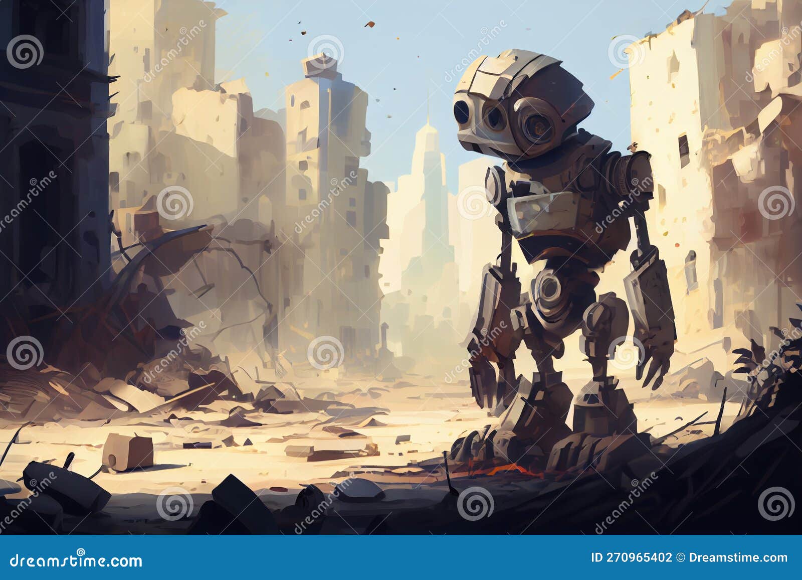 Robot Walks through the Ruined City. AI Generated Stock Illustration ...