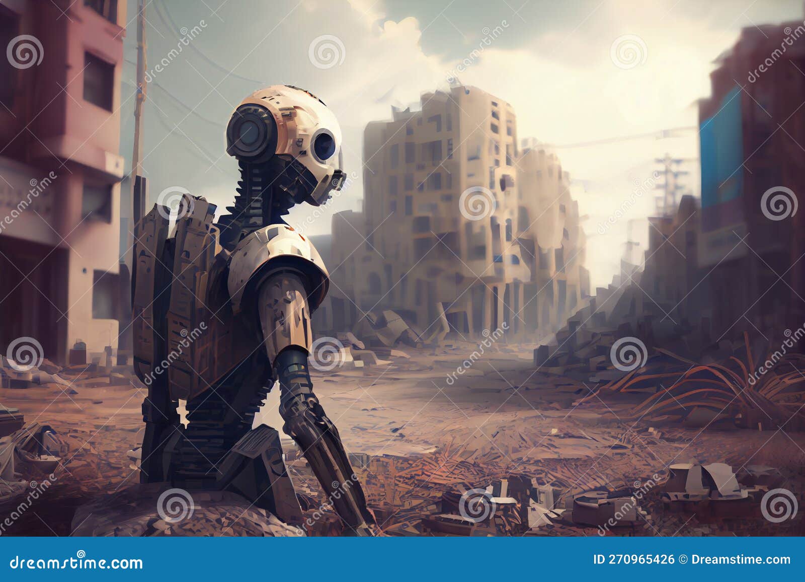 Robot Walks through the Ruined City. AI Generated Stock Illustration ...
