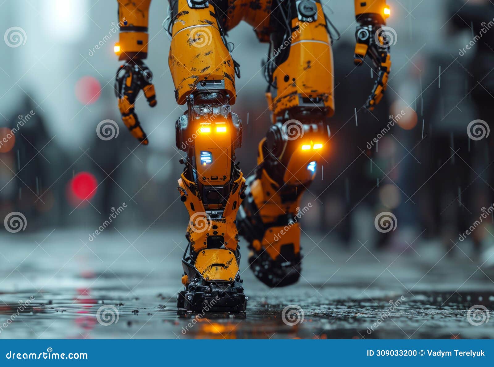 Robot Walks on Wet Pavement in the Rain Stock Photo - Image of factory ...