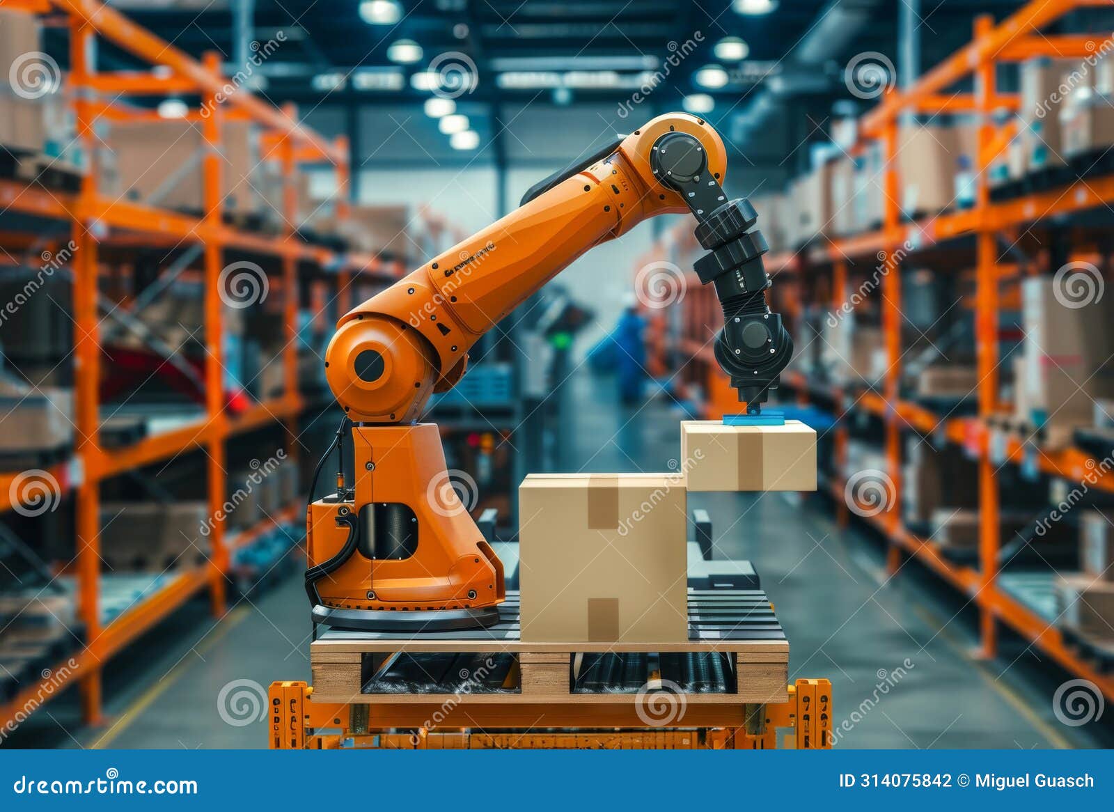 A Robot is in a Warehouse, Picking Up a Box Stock Illustration ...