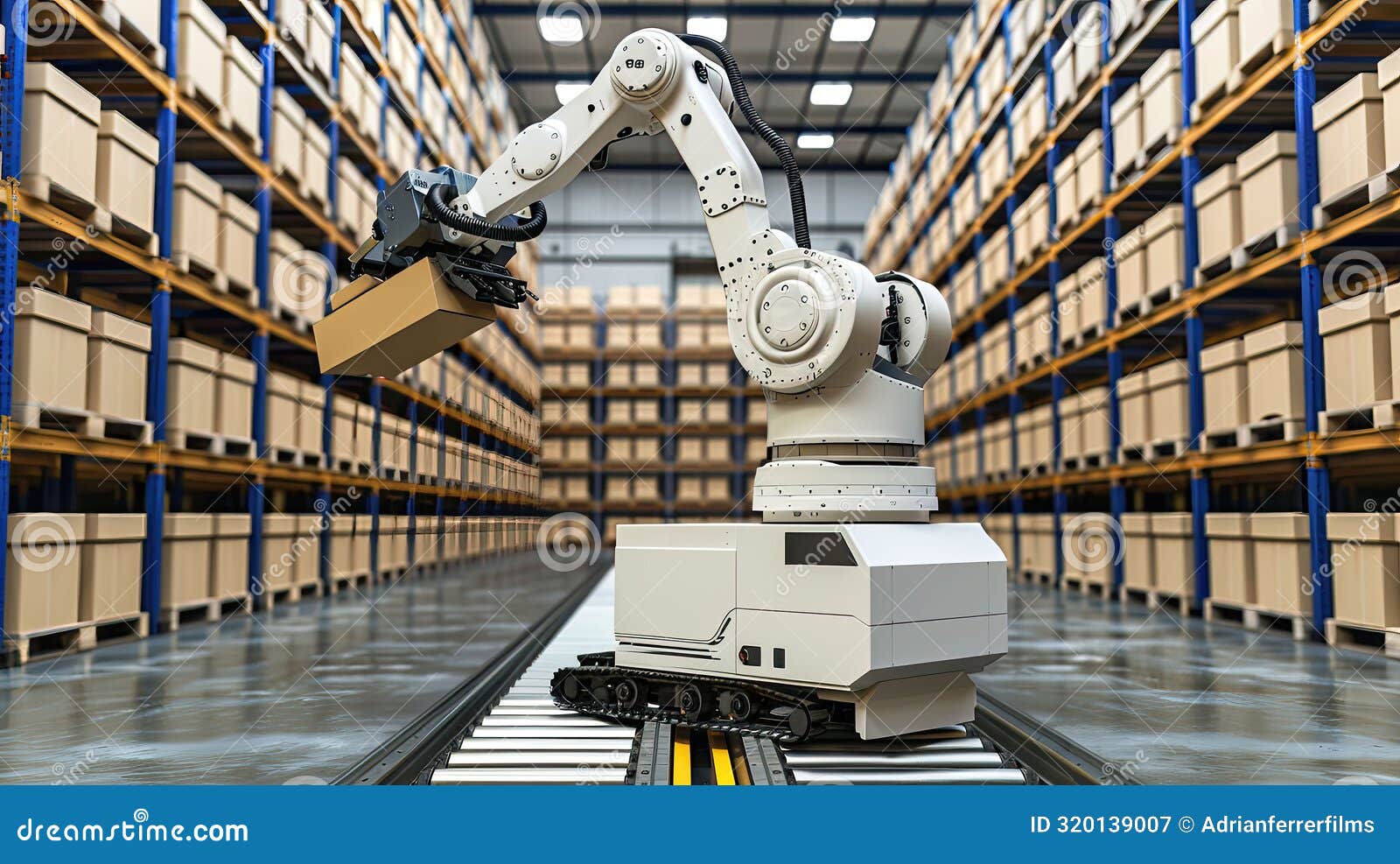 A Robot is in a Warehouse, Picking Up a Box Stock Image - Image of ...