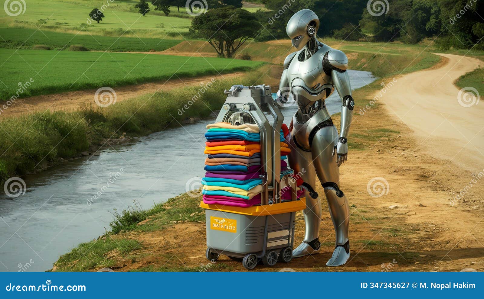Robot Washing Clothes in the River Stock Illustration - Illustration of ...