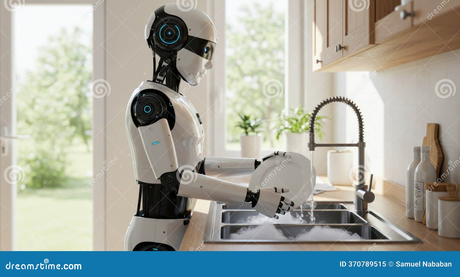 Robot Washing Dishes In Kitchen, Vector Cartoon Stick Figure ...
