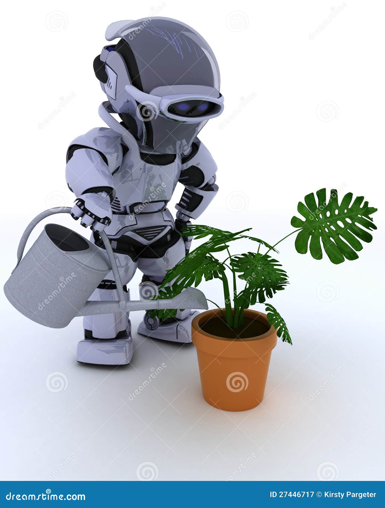 Robot with Watering Can Feeding a Plant Stock Illustration ...