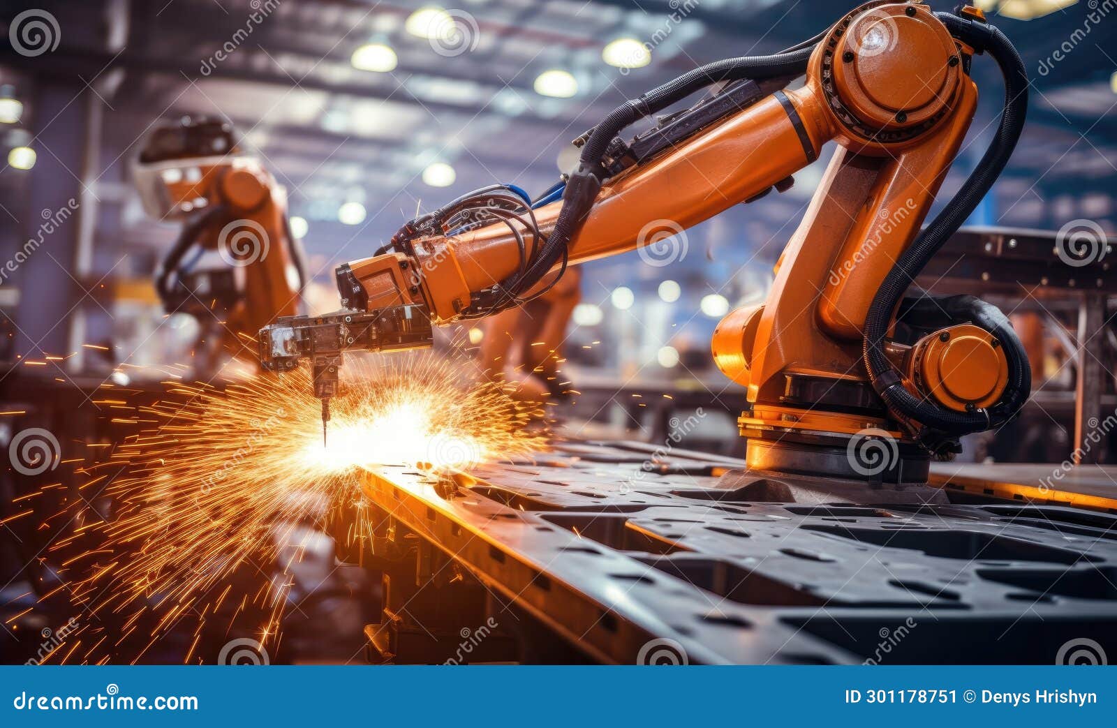 Robot Welding With A Lot Of Sparks And Smoke, Futuristic Image From The ...