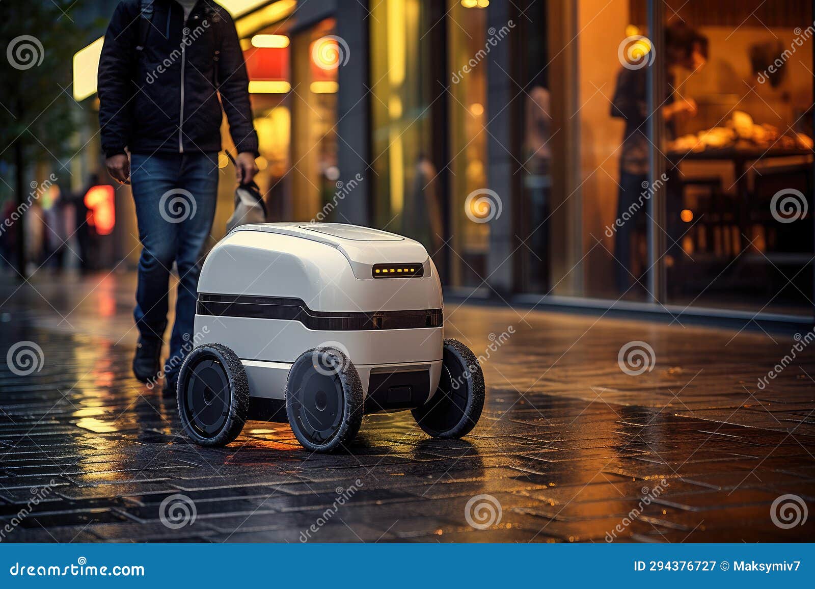 A Robot on Wheels Delivers a Parcel through a City Street Stock Image ...